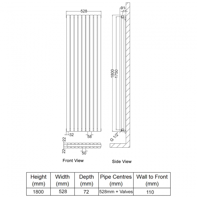 Delphi Accent Double Designer Radiator | Anthracite | 1800mm x 528mm