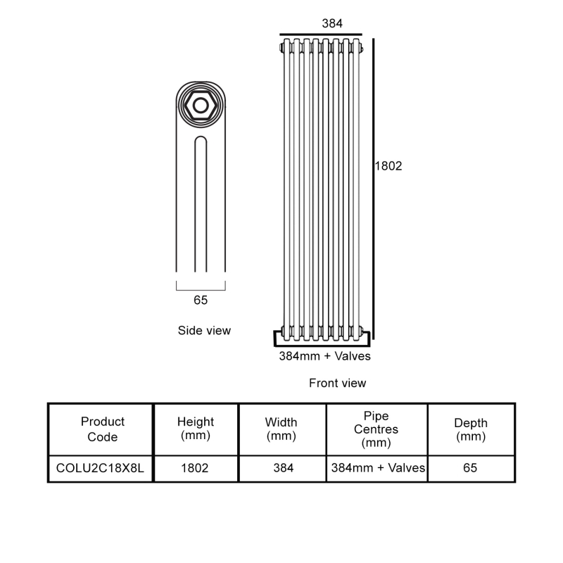 EcoRad Legacy 2-Column Radiator | Bare Metal Lacquer | 1800mm x 384mm
