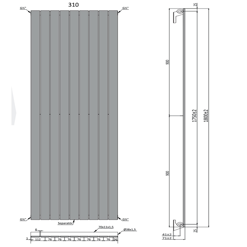 Heatwave Merlo Designer Radiator | 120897 | 1800mm x 310mm | Anthracite