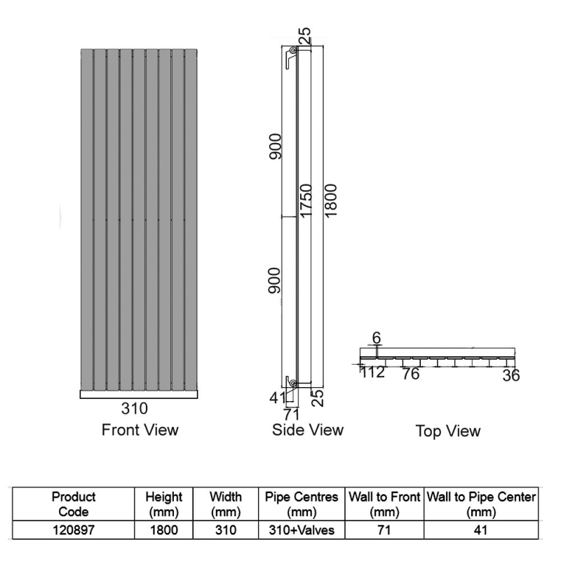 Heatwave Merlo Designer Radiator | 120897 | 1800mm x 310mm | Anthracite