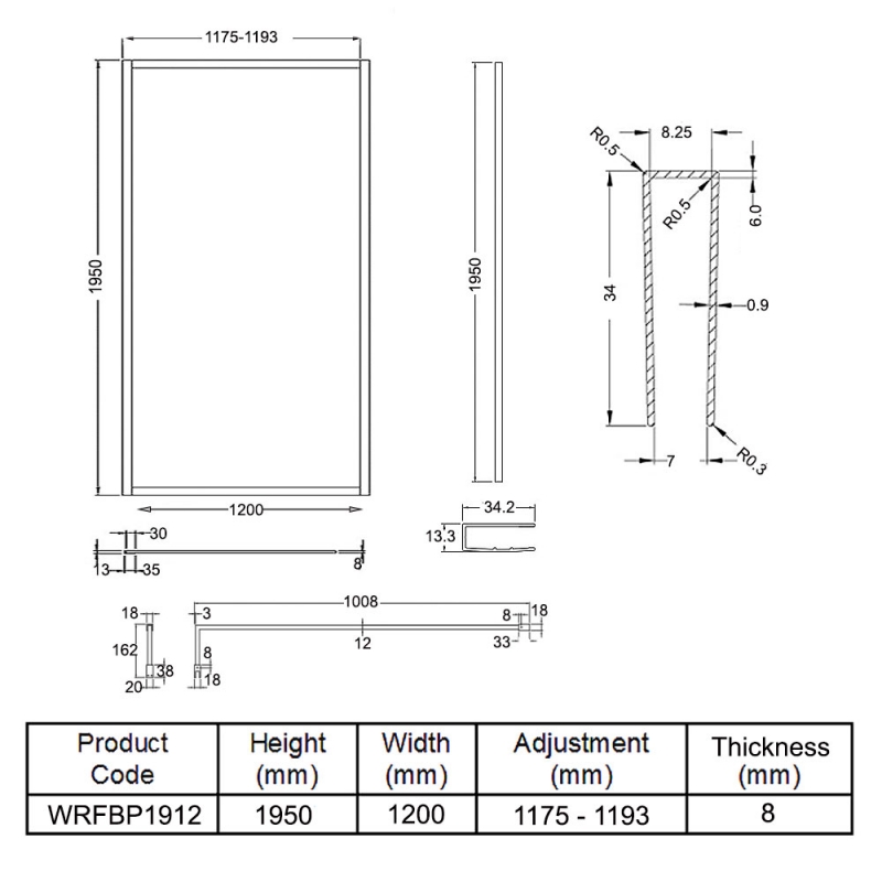 Hudson Reed Full Outer Frame Wet Room Panel | WRFBP1912 | 1200mm | 8mm | Clear