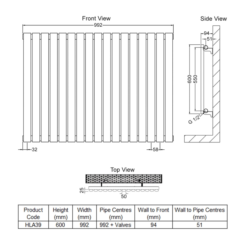 Hudson Reed Revive Designer Radiator | HLA39 | 600mm x 992mm | Anthracite