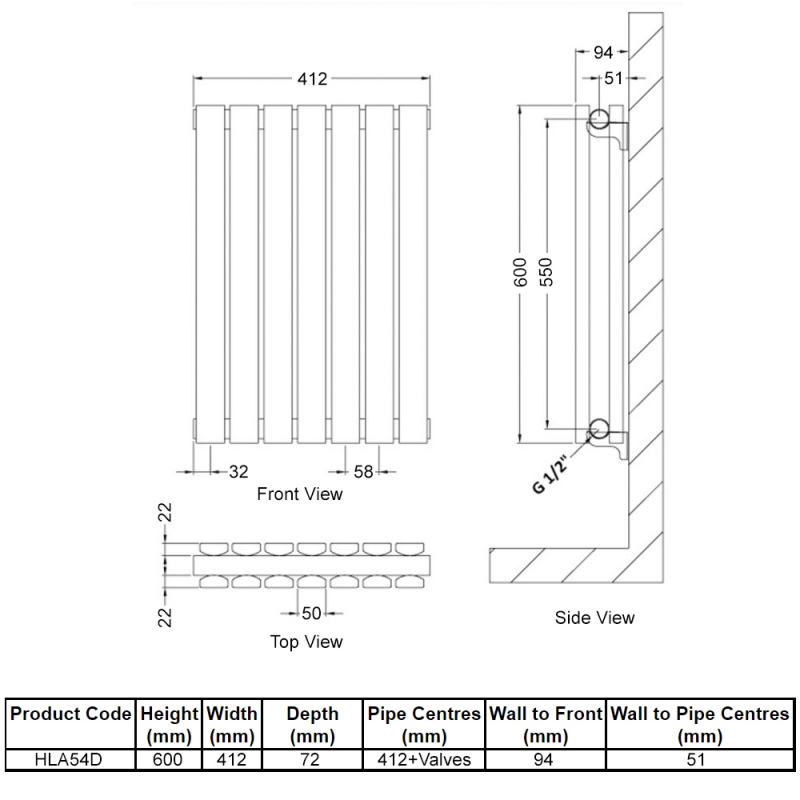 Hudson Reed Sloane Designer Radiator | HLA54D | 600mm x 412mm | Anthracite