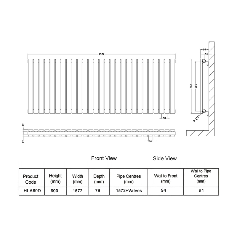 Hudson Reed Sloane Designer Radiator | HLA60D | 600mm x 1572mm | Anthracite