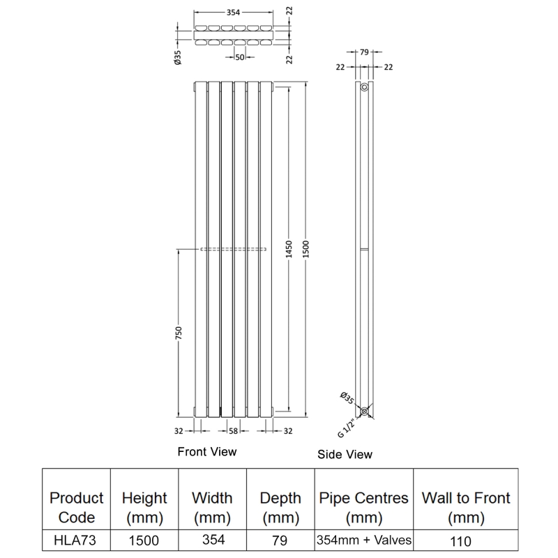 Hudson Reed Sloane Designer Radiator | HLA73 | 1500mm x 354mm | Anthracite