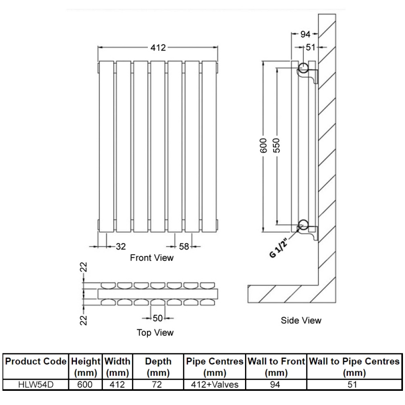 Hudson Reed Sloane Designer Radiator | HLW54D | 600mm x 412mm | Satin White
