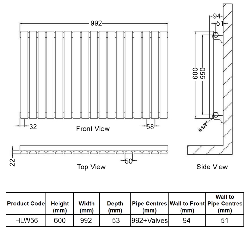 Hudson Reed Sloane Designer Radiator | HLW56 | 600mm x 992mm | Satin White