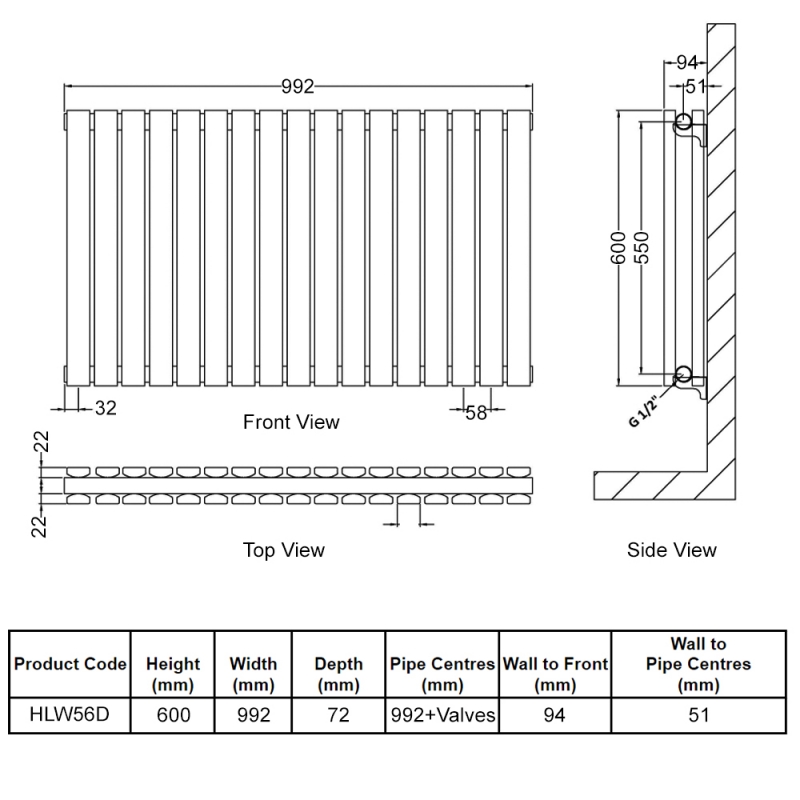 Hudson Reed Sloane Designer Radiator | HLW56D | 600mm x 992mm | Satin White