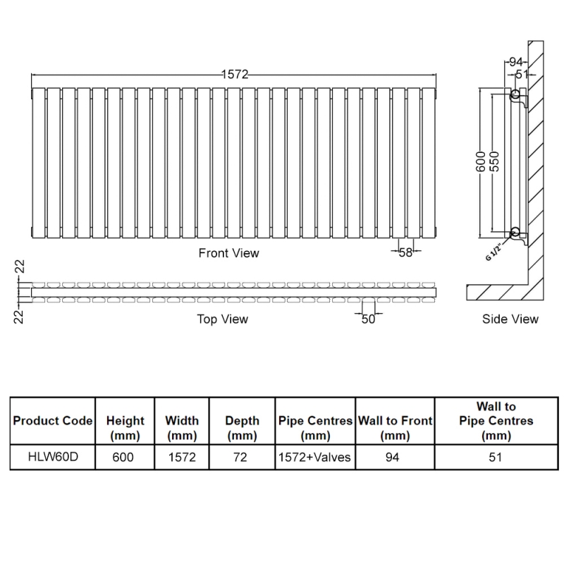 Hudson Reed Sloane Designer Radiator | HLW60D | 600mm x 1572mm | Satin ...