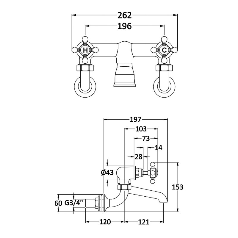 Hudson Reed Topaz Bath Filler | BC303HXWM | Wall Mounted | Chrome