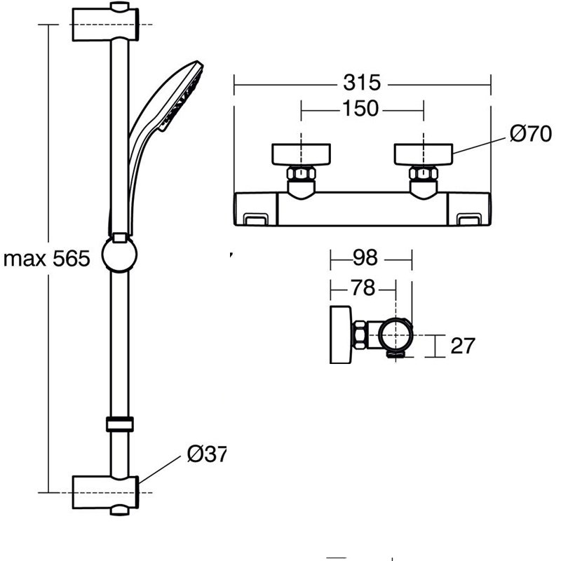 Ideal Standard Ceratherm T25 Bar Shower | A7205AA | 1 Outlet | Chrome