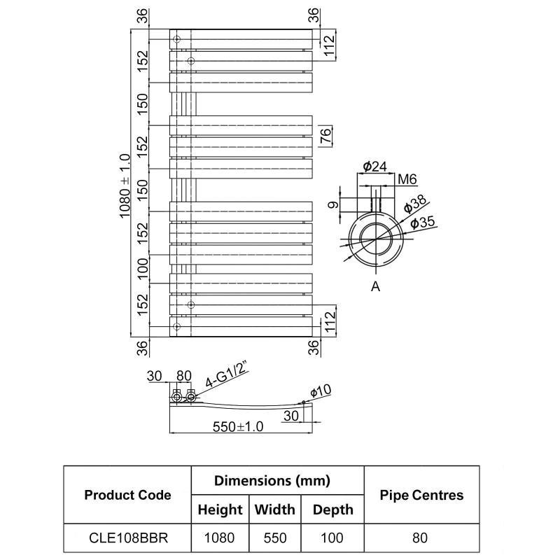 Just Taps Plus Cleo Designer Towel Rail | CLE108BBR | Mild Steel | Brushed Brass