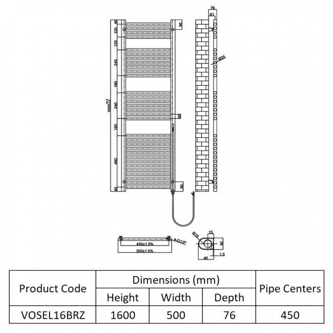 Just Taps Plus Vos Electric Towel Rail | Brushed Bronze | 1600mm x 500mm
