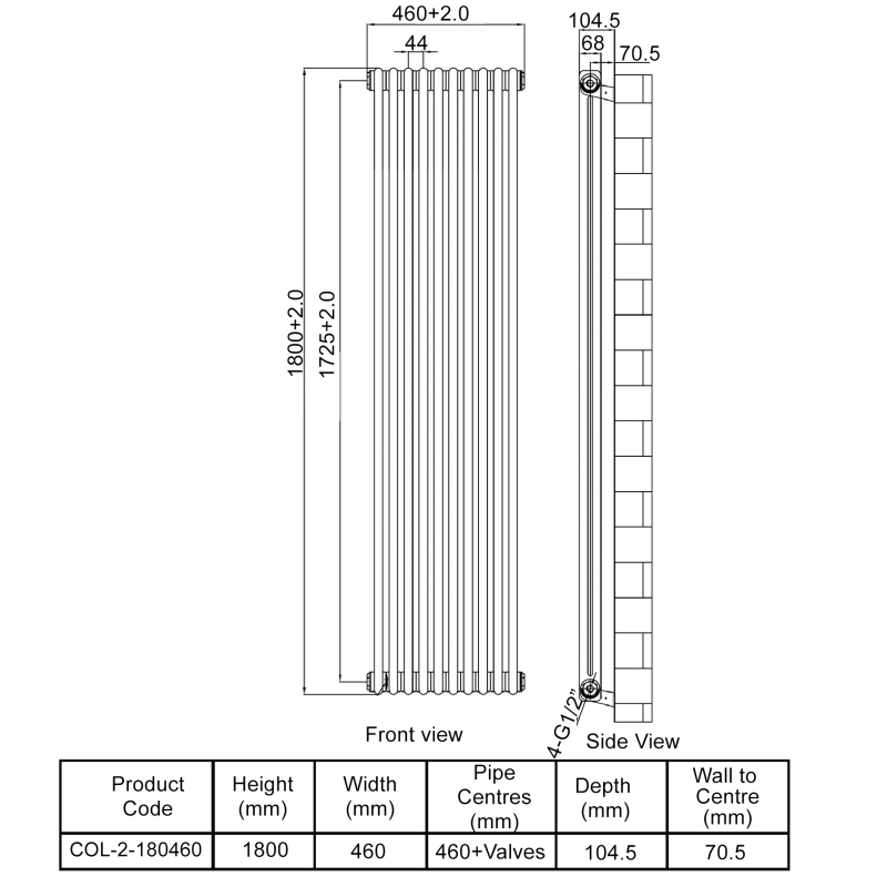 MaxHeat Octavius Designer Radiator | COL-2-180460 | 1800mm x 460mm | White