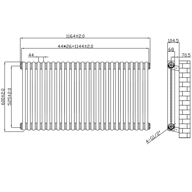 MaxHeat Octavius Sectional Radiator | COL-2-601164 | 600mm x 1164mm | White