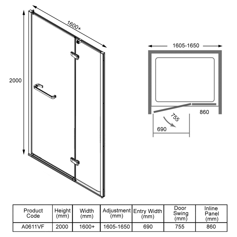 Merlyn 8 Series Frameless Hinged Shower Door | 1600mm | A0611VF