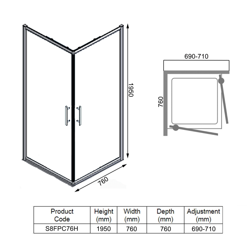 Merlyn 8 Series Frameless Square Shower Enclosure | 760x760mm | S8FPC76H