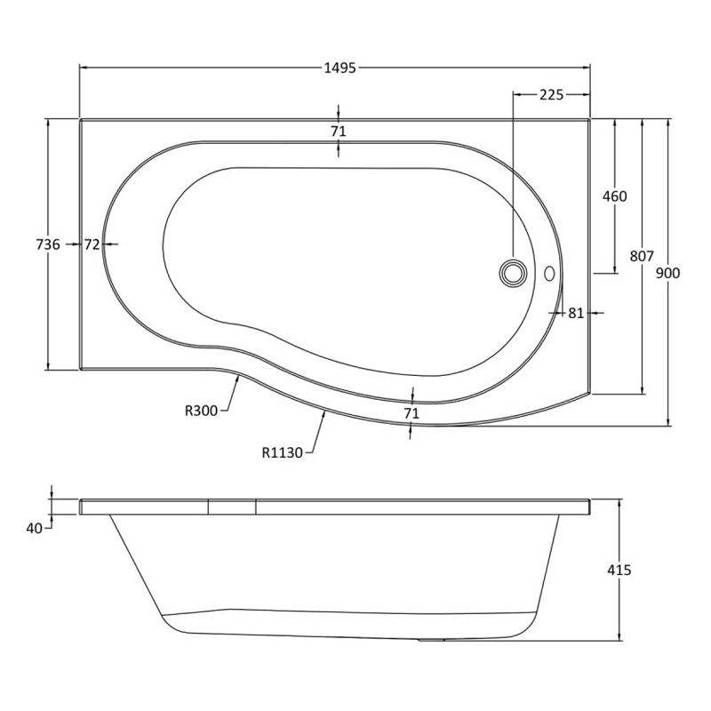 Nuie B-Shaped Bath | WBB1585R | 1500mm x 736 - 900mm | Acrylic