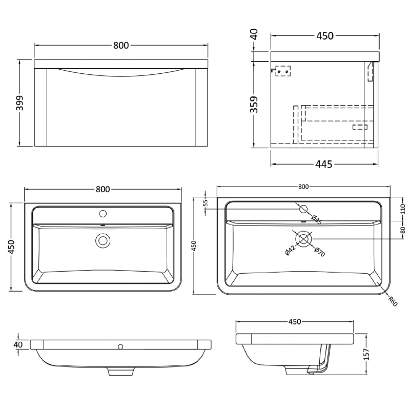 Nuie Lunar Vanity Unit | 796mm | LUN1406A | Satin Anthracite
