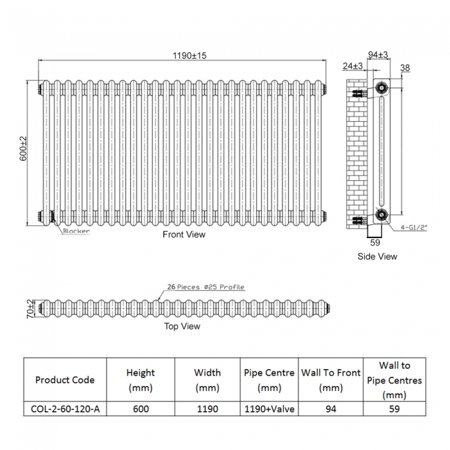 Orbit Traditional Sectional Radiator | COL-2-60-120-A | 600mm x 1190mm ...