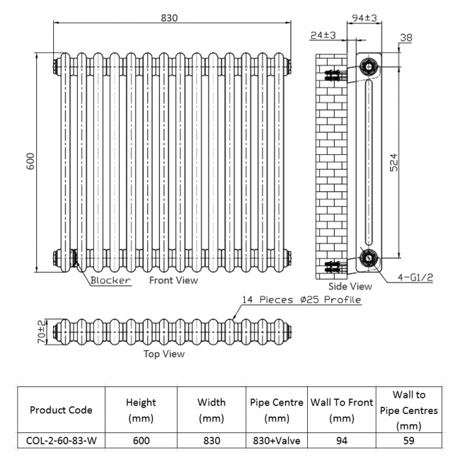 Orbit Noble 2-Column Radiator | Gloss White | 600mm x 830mm