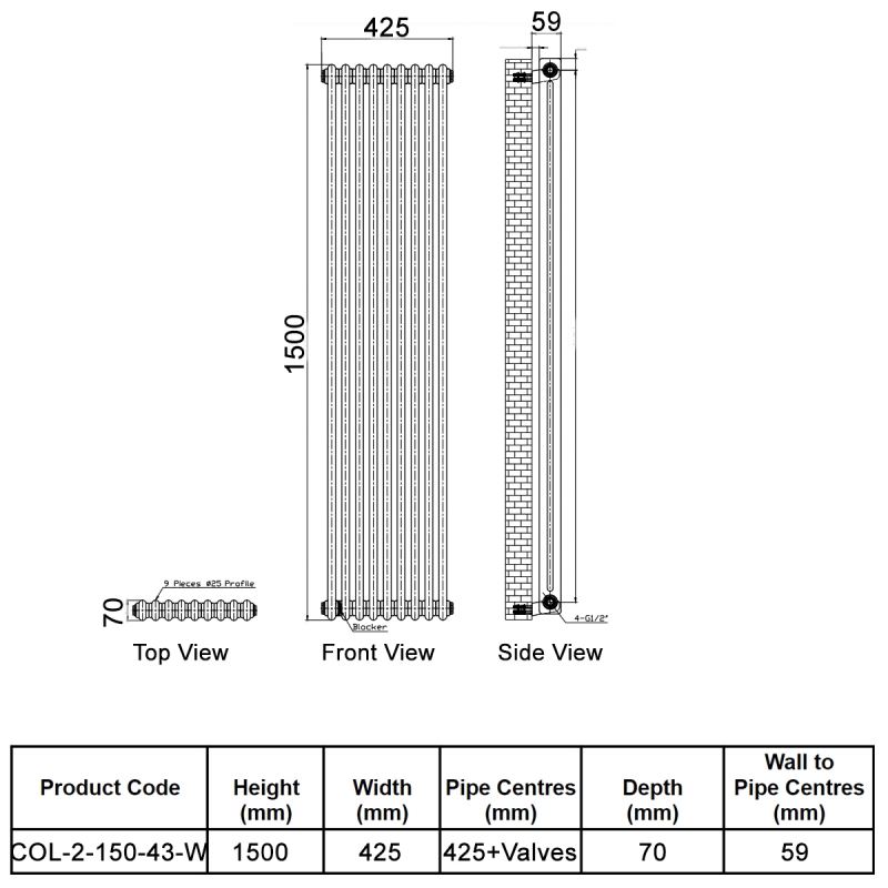 Orbit Sectional Radiator | COL-2-150-43-W | 1500mm x 425mm | White