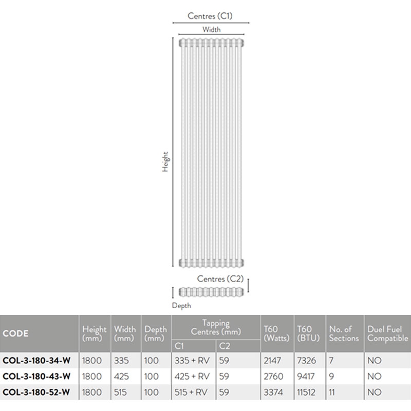 Orbit Sectional Radiator | COL-3-180-52-W | 1800mm x 515mm | White