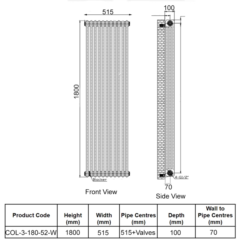 Orbit Sectional Radiator | COL-3-180-52-W | 1800mm x 515mm | White
