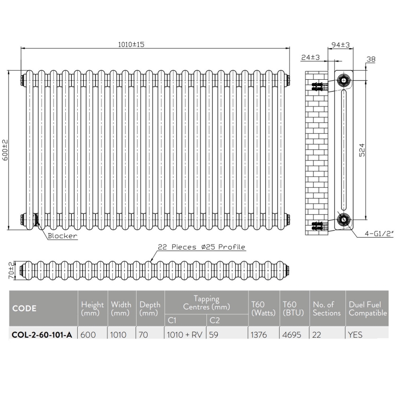 Orbit Traditional Sectional Radiator | COL-2-60-101-A | 600mm x 1010mm ...