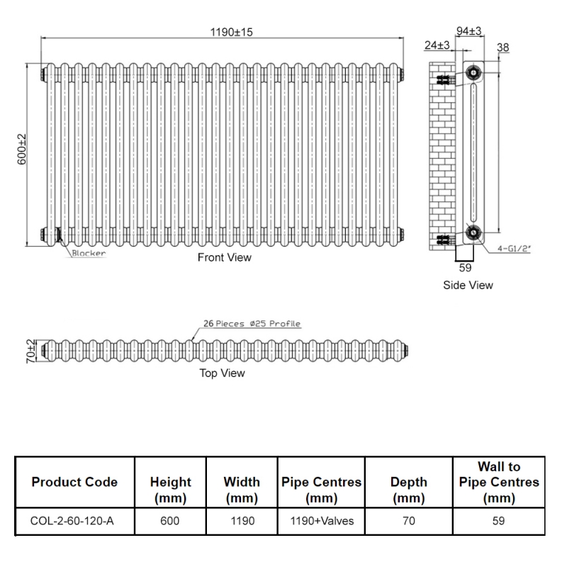Orbit Traditional Sectional Radiator | COL-2-60-120-A | 600mm x 1190mm ...