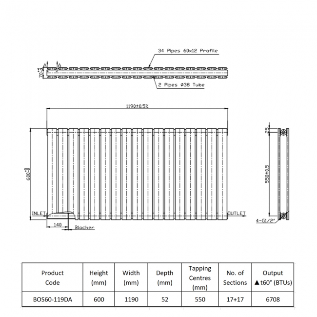 Prestige Boston Designer Radiator | BOS60-119DA | 600mm x 1190mm ...
