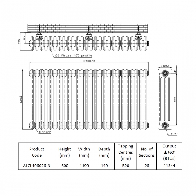 Prestige Laser Klassic Sectional Radiator | ALCL406026-N | 600mm x ...
