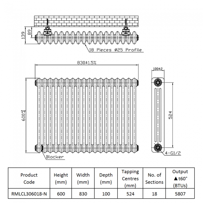 Prestige Laser Klassic Sectional Radiator | RMLCL306018-N | 600mm x ...