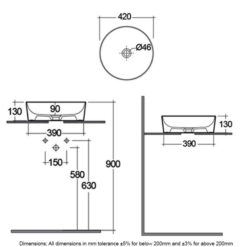 RAK Ceramics Feeling Countertop Basin | FEECT4200504A | 420mm | 0TH