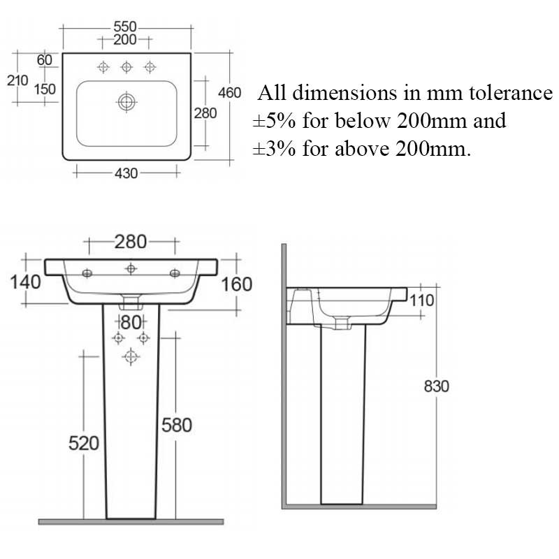 RAK Ceramics Resort Full Pedestal Basin | RST55BAS1+RSTPED | 550mm | 1TH