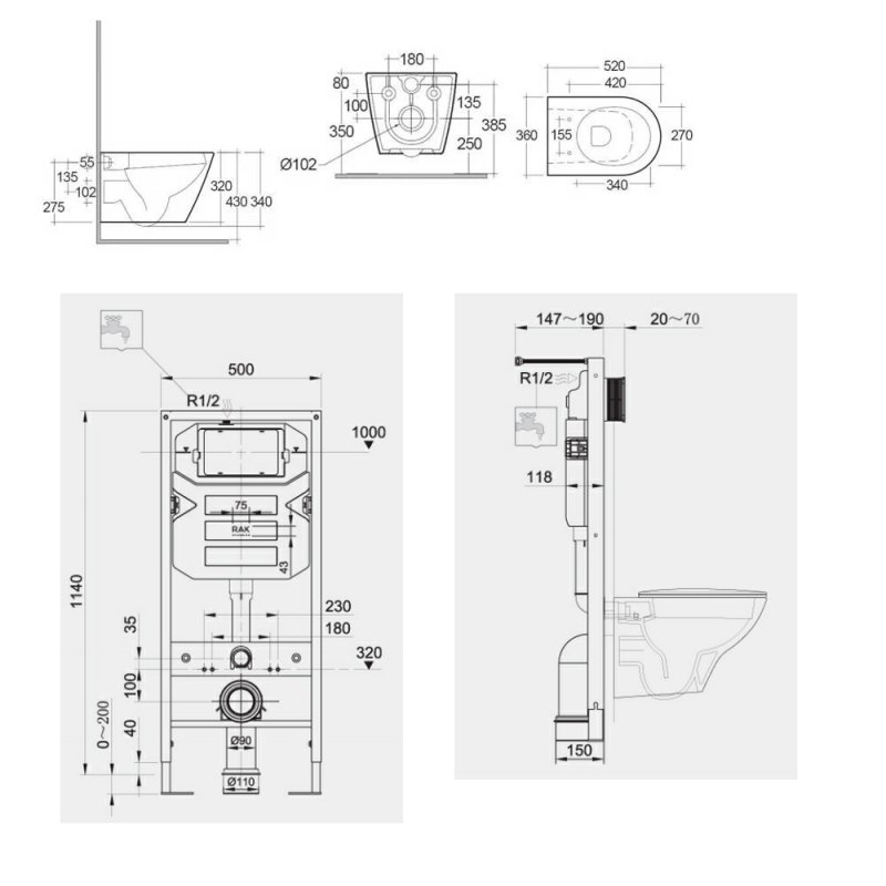 RAK Ceramics Resort Toilet | FS04RAK12C+RSTWHPAN-HF/SC | Wall Hung | White