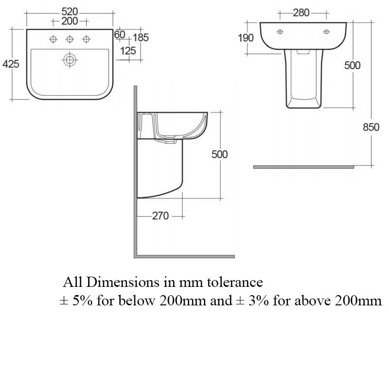 RAK Ceramics Series 600 Semi Pedestal Basin | S60052BAS1+S600HPED ...
