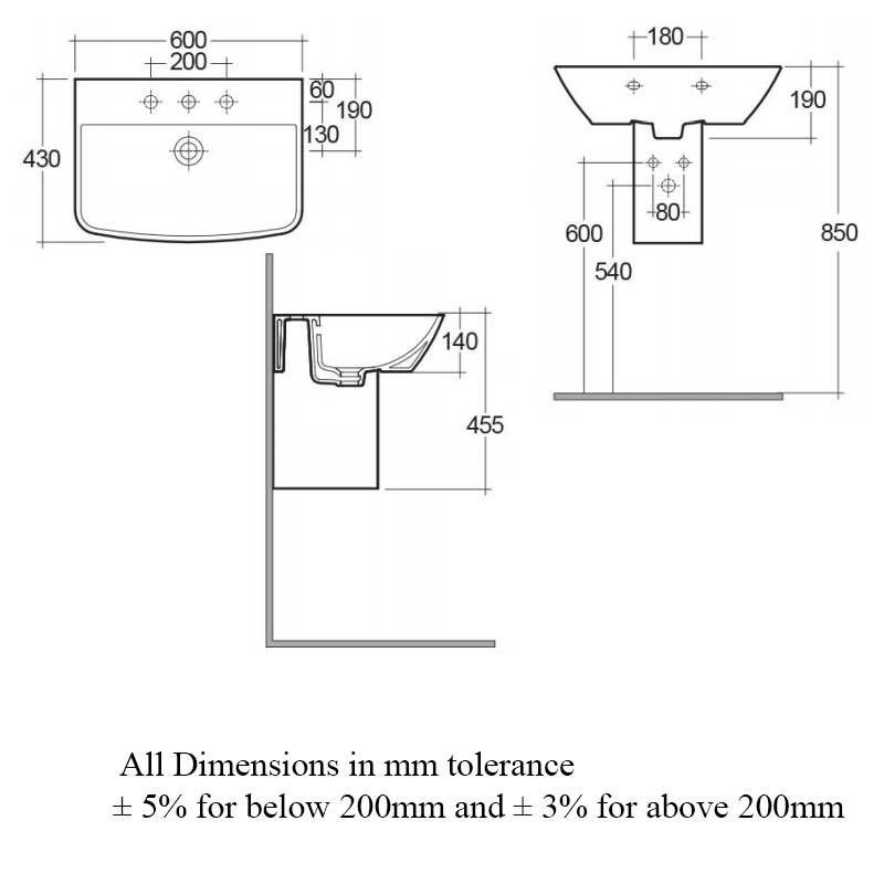 RAK Ceramics Summit Semi Pedestal Basin | SUM60BAS1+SUMHPED | 600mm | 1TH