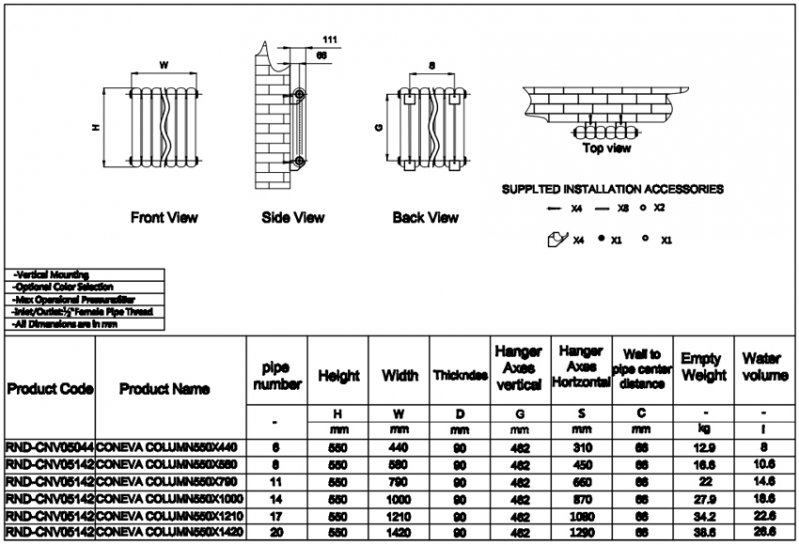 Reina Coneva Designer Radiator | RND-CNV05121A | 550mm x 1210mm ...