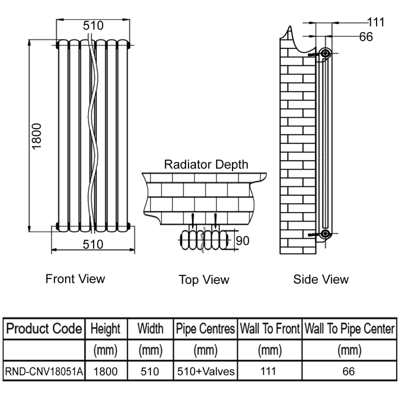 Reina Coneva Designer Radiator | RND-CNV18051A | 1800mm x 510mm ...