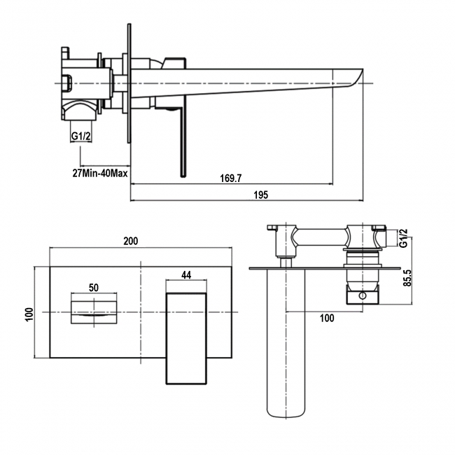 Sagittarius Ravenna Bath Mixer | RA/117/B | Wall Mounted | Matt Black