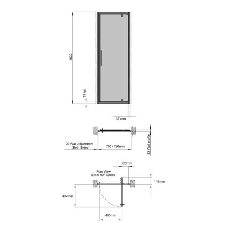 Signature Contract Pivot Shower Door | 6CP075 | 750mm | Silver/Clear