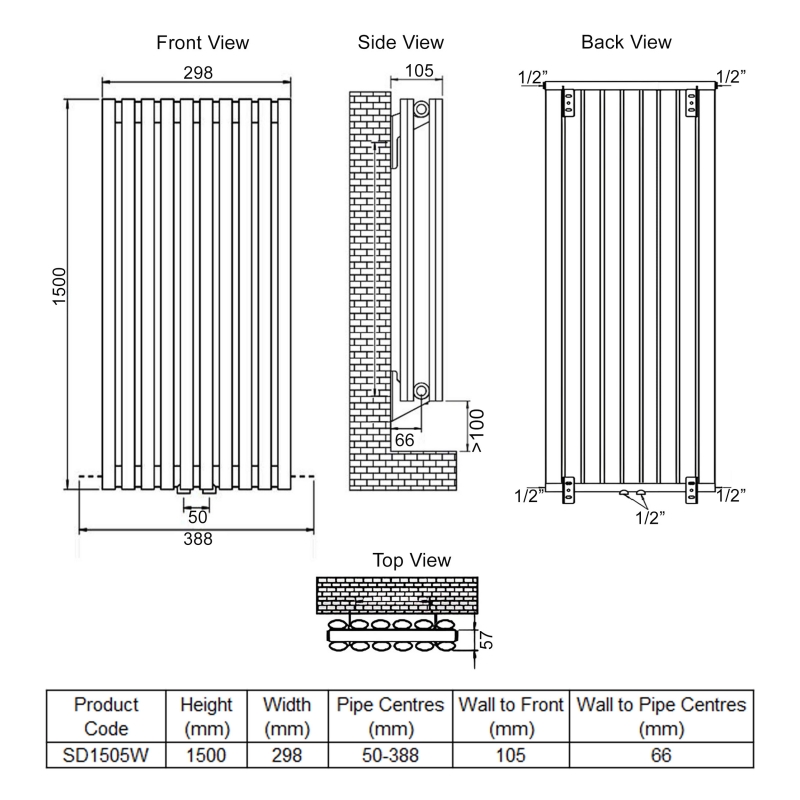 Ultraheat Sofi Double Designer Radiator | White | 1500mm x 298mm