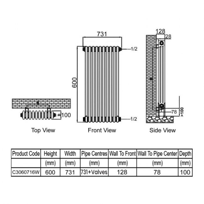 Ultraheat Tubular 3-Column Radiator | White | 600mm x 731mm