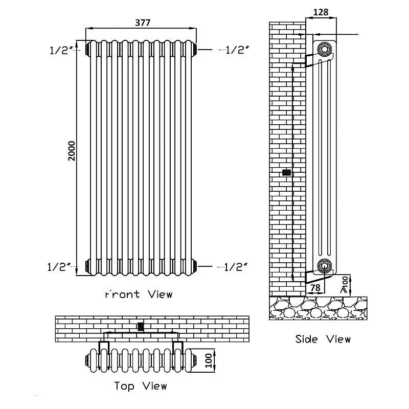 Ultraheat Tubular Sectional Radiator | C3200408W | 2000mm x 377mm | White