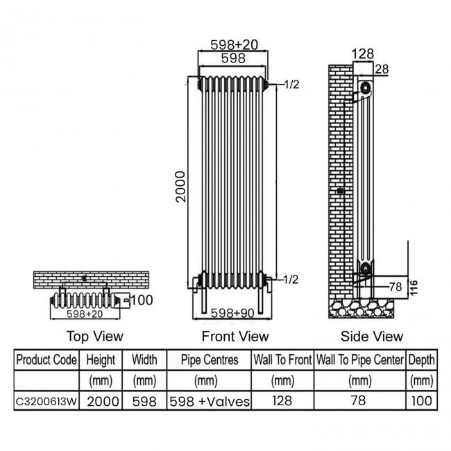 Ultraheat Tubular Sectional Radiator | C3200613W | 2000mm x 598mm | White