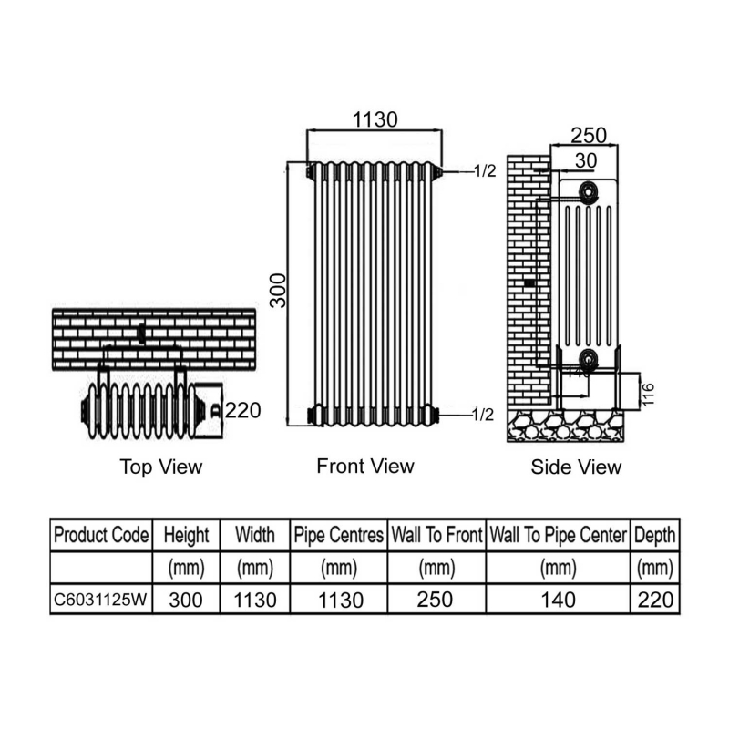 Ultraheat Tubular Sectional Radiator | C6031125W | 300mm x 1130mm | White