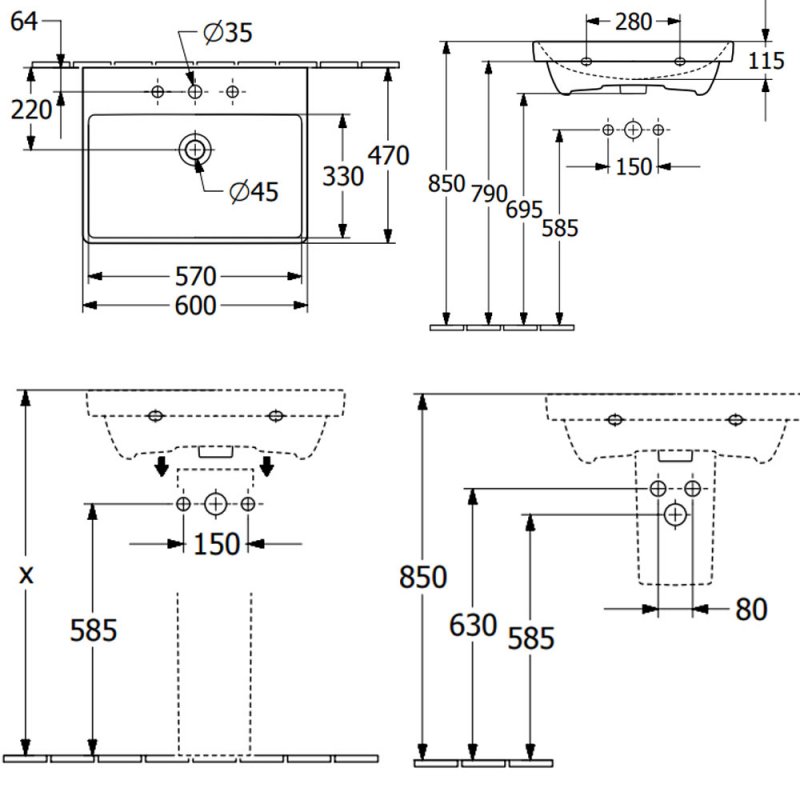 Villeroy & Boch Avento Wall Hung Basin | 41586001 | 600mm | 1TH