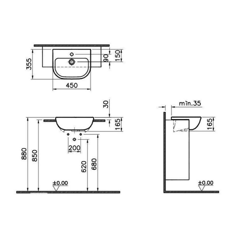 Vitra S20 Semi Recessed Basin | 5521B003-0001 | 450mm | 1TH