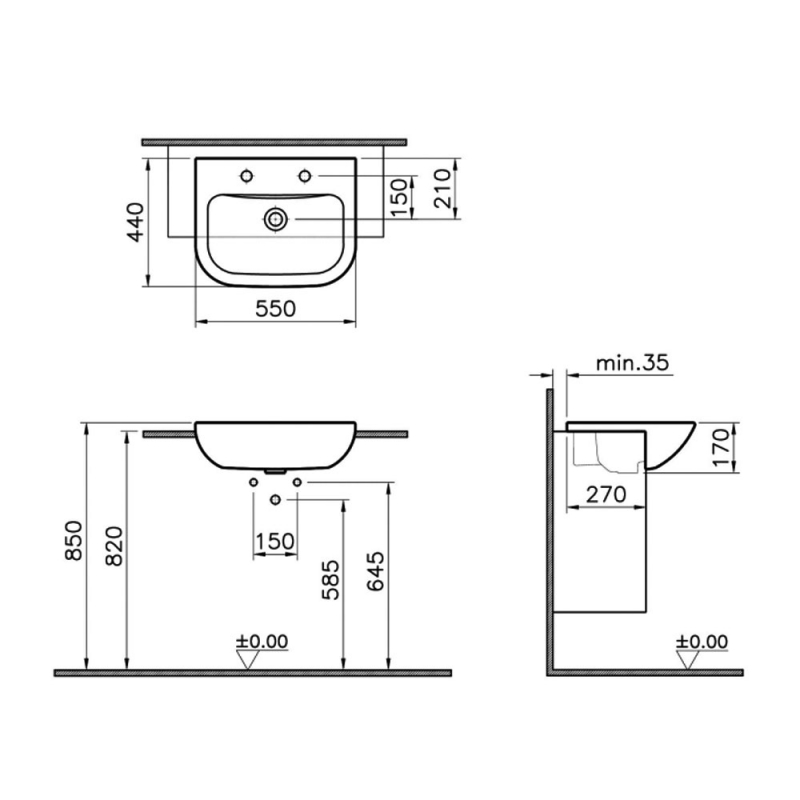 Vitra S20 Semi Recessed Basin | 5524B003-0022 | 550mm | 2TH